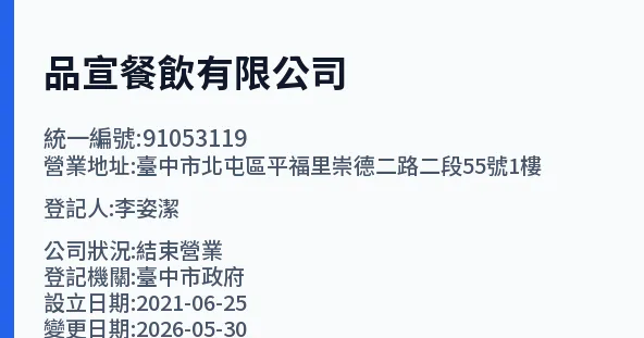 品宣餐飲有限公司的照片-統編 91053119(臺中市) 公司登記資料與營業項目詳細圖表