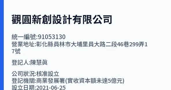 觀圓新創設計有限公司的照片-統編 91053130(彰化縣) 公司登記資料與營業項目詳細圖表