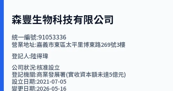 森豐生物科技有限公司的照片-統編 91053336(嘉義市) 公司登記資料與營業項目詳細圖表