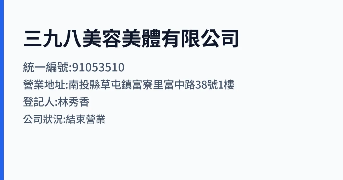 三九八美容美體有限公司 - 統編 91053510(南投縣) 公司登記資料與營業項目詳細圖表