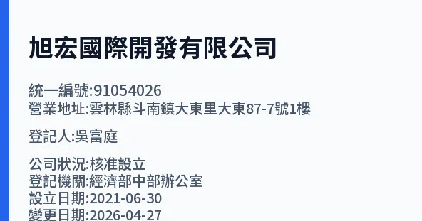 旭宏國際開發有限公司的照片-統編 91054026(雲林縣) 公司登記資料與營業項目詳細圖表