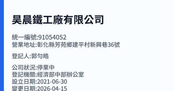 昊晨鐵工廠有限公司的照片-統編 91054052(彰化縣) 公司登記資料與營業項目詳細圖表