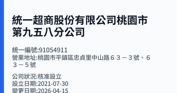 統一超商股份有限公司桃園市第九五八分公司的照片-統編 91054911(桃園市) 公司登記資料與營業項目詳細圖表