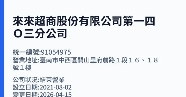 來來超商股份有限公司第一四Ｏ三分公司的照片-統編 91054975(臺南市) 公司登記資料與營業項目詳細圖表