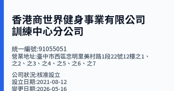 香港商世界健身事業有限公司訓練中心分公司的照片-統編 91055051(臺中市) 公司登記資料與營業項目詳細圖表