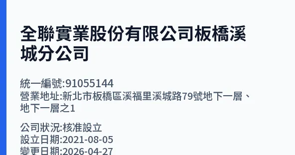 全聯實業股份有限公司板橋溪城分公司的照片-統編 91055144(新北市) 公司登記資料與營業項目詳細圖表
