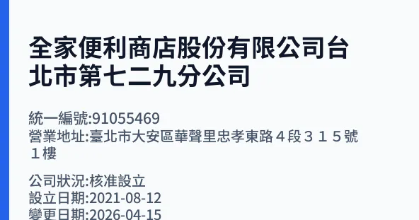 全家便利商店股份有限公司台北市第七二九分公司的照片-統編 91055469(臺北市) 公司登記資料與營業項目詳細圖表