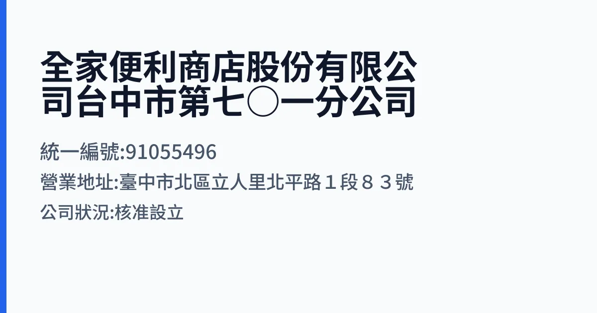 全家便利商店股份有限公司台中市第七○一分公司 - 統編 91055496(臺中市) 公司登記資料與營業項目詳細圖表