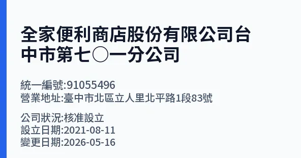 全家便利商店股份有限公司台中市第七○一分公司的照片-統編 91055496(臺中市) 公司登記資料與營業項目詳細圖表