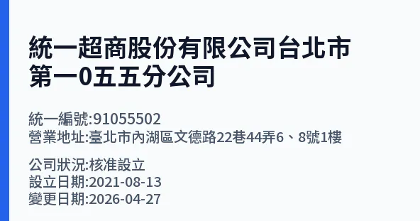 統一超商股份有限公司台北市第一0五五分公司的照片-統編 91055502(臺北市) 公司登記資料與營業項目詳細圖表