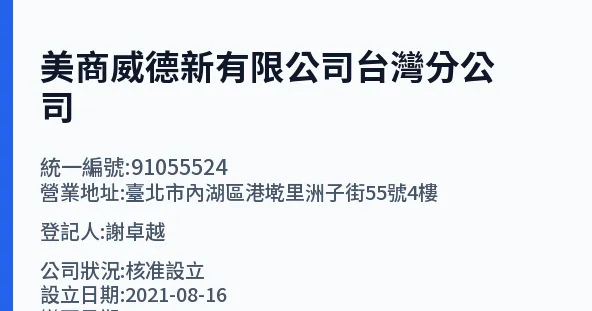 美商威德新有限公司台灣分公司的照片-統編 91055524(臺北市) 公司登記資料與營業項目詳細圖表