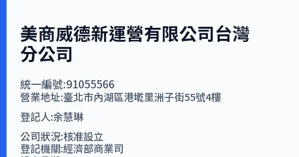 美商威德新運營有限公司台灣分公司的照片-統編 91055566(臺北市) 公司登記資料與營業項目詳細圖表