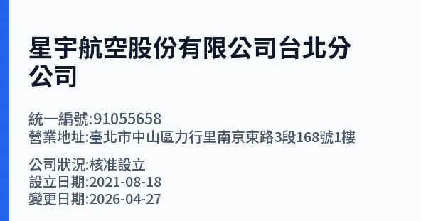 星宇航空股份有限公司台北分公司的照片-統編 91055658(臺北市) 公司登記資料與營業項目詳細圖表