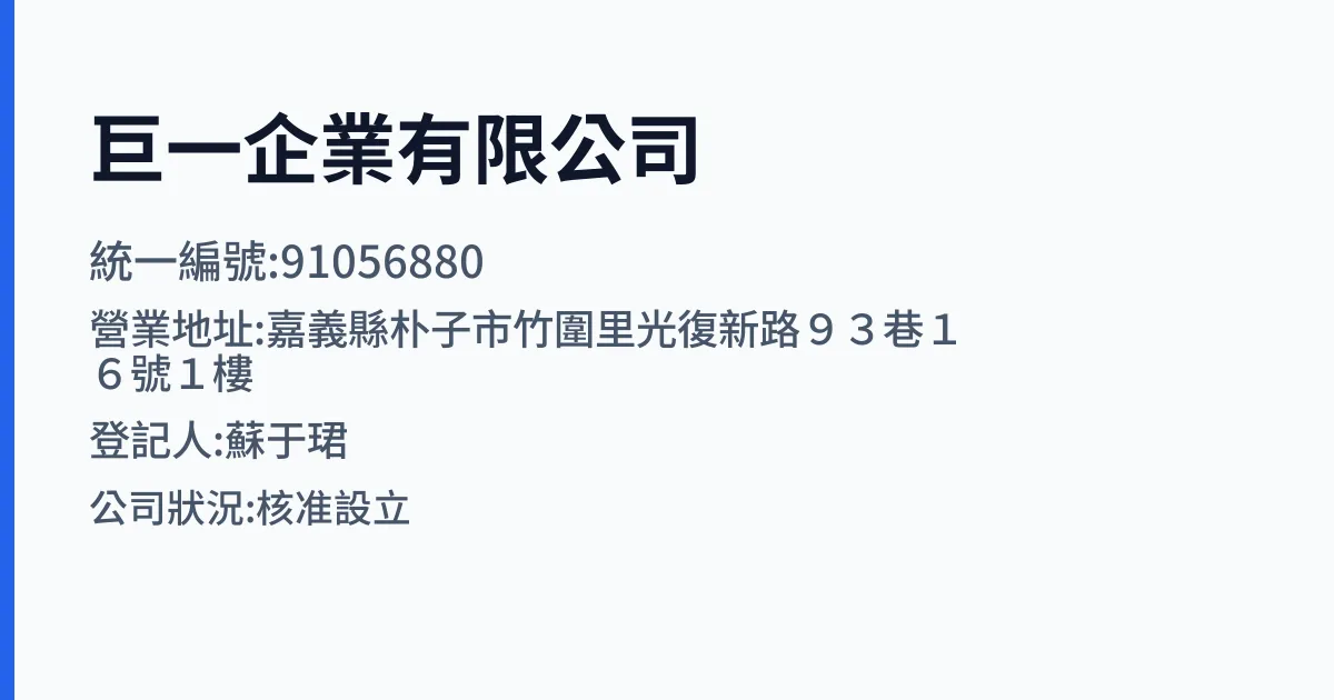 巨一企業有限公司 - 統編 91056880(嘉義縣) 公司登記資料與營業項目詳細圖表