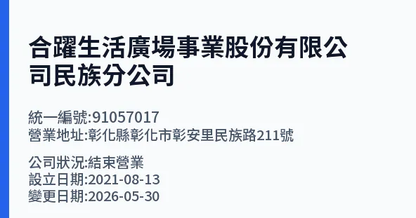 合躍生活廣場事業股份有限公司民族分公司的照片-統編 91057017(彰化縣) 公司登記資料與營業項目詳細圖表