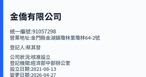金僑有限公司的照片-統編 91057298(金門縣) 公司登記資料與營業項目詳細圖表