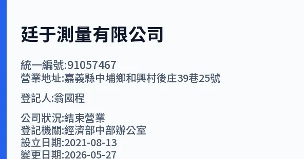 廷于測量有限公司的照片-統編 91057467(嘉義縣) 公司登記資料與營業項目詳細圖表