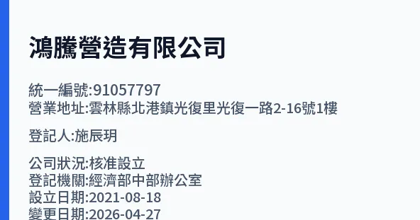 鴻騰營造有限公司的照片-統編 91057797(雲林縣) 公司登記資料與營業項目詳細圖表