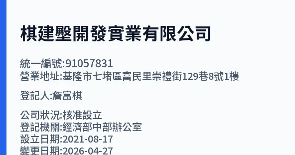 棋建壂開發實業有限公司的照片-統編 91057831(基隆市) 公司登記資料與營業項目詳細圖表