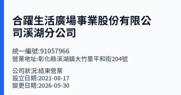 合躍生活廣場事業股份有限公司溪湖分公司的照片-統編 91057966(彰化縣) 公司登記資料與營業項目詳細圖表