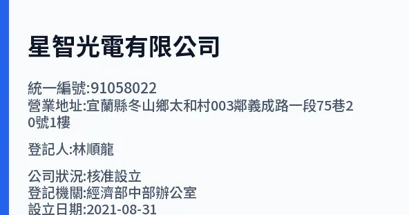 星智光電有限公司的照片-統編 91058022(宜蘭縣) 公司登記資料與營業項目詳細圖表