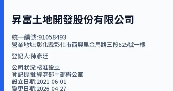 昇富土地開發股份有限公司的照片-統編 91058493(彰化縣) 公司登記資料與營業項目詳細圖表