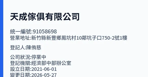 天成傢俱有限公司的照片-統編 91058698(新竹縣) 公司登記資料與營業項目詳細圖表