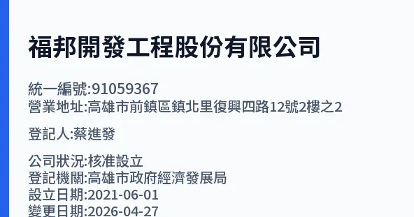 福邦開發工程股份有限公司的照片-統編 91059367(高雄市) 公司登記資料與營業項目詳細圖表