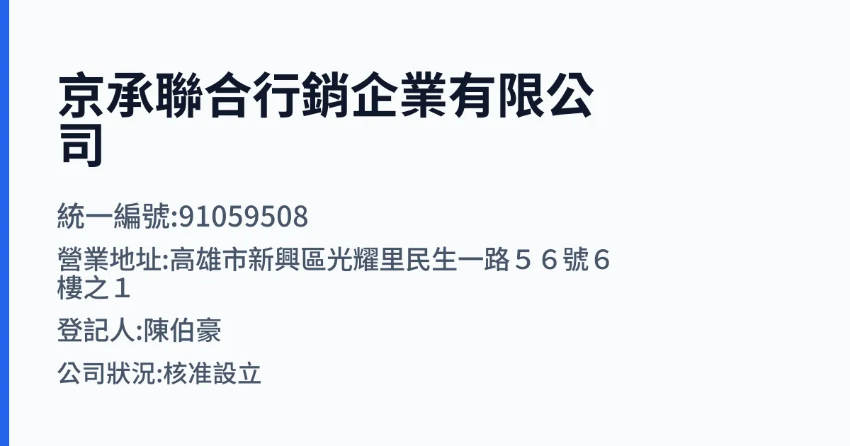 京承聯合行銷企業有限公司 - 統編 91059508(高雄市) 公司登記資料與營業項目詳細圖表