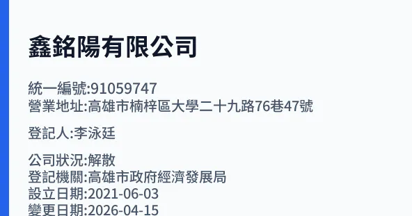 鑫銘陽有限公司的照片-統編 91059747(高雄市) 公司登記資料與營業項目詳細圖表