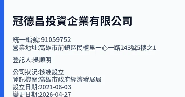 冠德昌投資企業有限公司的照片-統編 91059752(高雄市) 公司登記資料與營業項目詳細圖表
