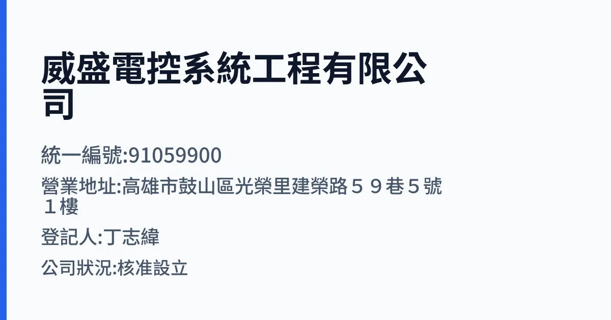 威盛電控系統工程有限公司 - 統編 91059900(高雄市) 公司登記資料與營業項目詳細圖表