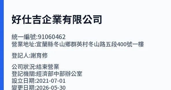 好仕吉企業有限公司的照片-統編 91060462(宜蘭縣) 公司登記資料與營業項目詳細圖表