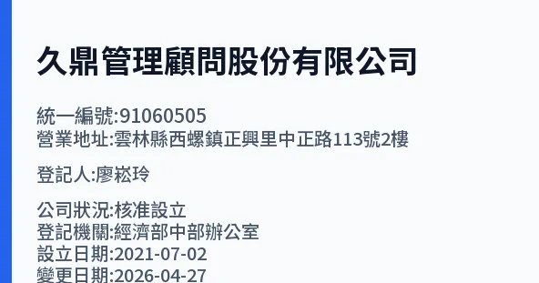 久鼎管理顧問股份有限公司的照片-統編 91060505(雲林縣) 公司登記資料與營業項目詳細圖表