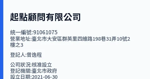 起點顧問有限公司的照片-統編 91061075(臺北市) 公司登記資料與營業項目詳細圖表
