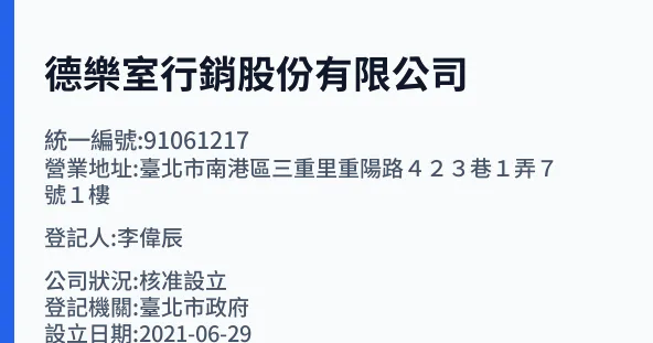 德樂室行銷股份有限公司的照片-統編 91061217(臺北市) 公司登記資料與營業項目詳細圖表