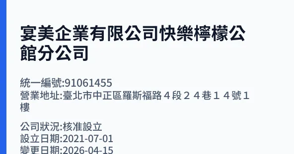 宴美企業有限公司快樂檸檬公館分公司的照片-統編 91061455(臺北市) 公司登記資料與營業項目詳細圖表