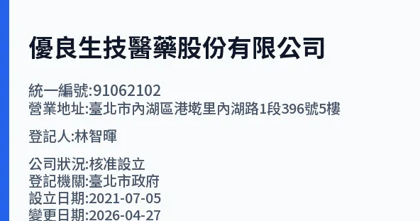 優良生技醫藥股份有限公司的照片-統編 91062102(臺北市) 公司登記資料與營業項目詳細圖表