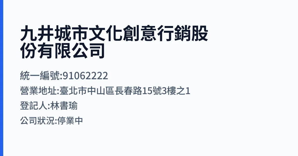九井城市文化創意行銷股份有限公司 - 統編 91062222(臺北市) 公司登記資料與營業項目詳細圖表
