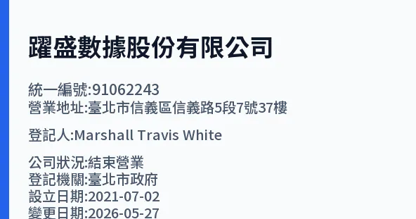 躍盛數據股份有限公司的照片-統編 91062243(臺北市) 公司登記資料與營業項目詳細圖表