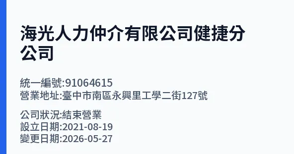 海光人力仲介有限公司健捷分公司的照片-統編 91064615(臺中市) 公司登記資料與營業項目詳細圖表