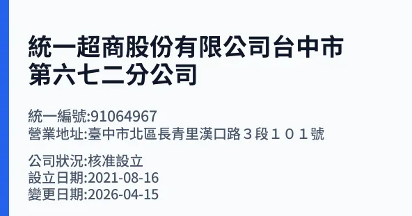 統一超商股份有限公司台中市第六七二分公司的照片-統編 91064967(臺中市) 公司登記資料與營業項目詳細圖表