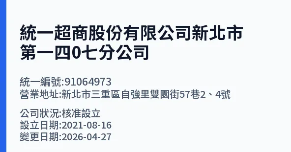 統一超商股份有限公司新北市第一四0七分公司的照片-統編 91064973(新北市) 公司登記資料與營業項目詳細圖表