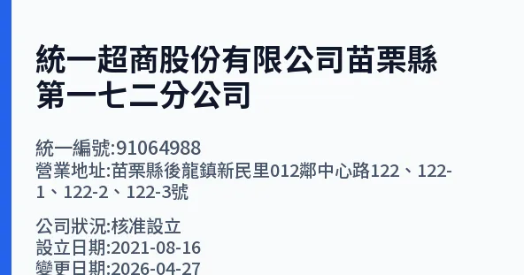 統一超商股份有限公司苗栗縣第一七二分公司的照片-統編 91064988(苗栗縣) 公司登記資料與營業項目詳細圖表