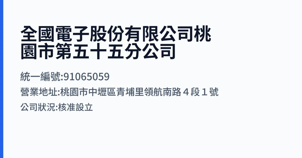 全國電子股份有限公司桃園市第五十五分公司 - 統編 91065059(桃園市) 公司登記資料與營業項目詳細圖表