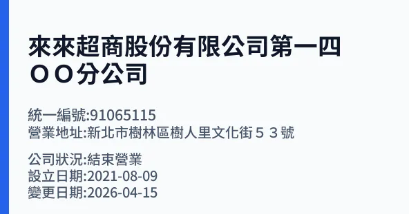來來超商股份有限公司第一四ＯＯ分公司的照片-統編 91065115(新北市) 公司登記資料與營業項目詳細圖表