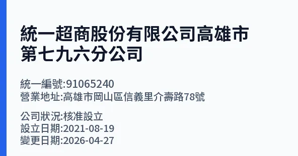 統一超商股份有限公司高雄市第七九六分公司的照片-統編 91065240(高雄市) 公司登記資料與營業項目詳細圖表