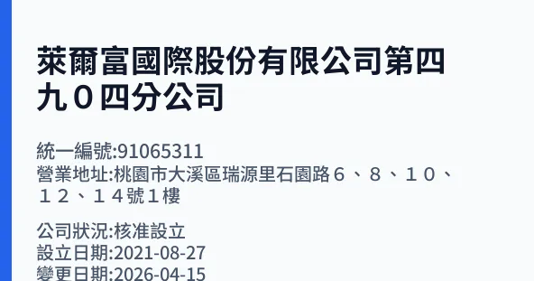 萊爾富國際股份有限公司第四九０四分公司的照片-統編 91065311(桃園市) 公司登記資料與營業項目詳細圖表