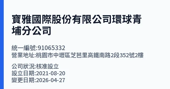 寶雅國際股份有限公司環球青埔分公司的照片-統編 91065332(桃園市) 公司登記資料與營業項目詳細圖表