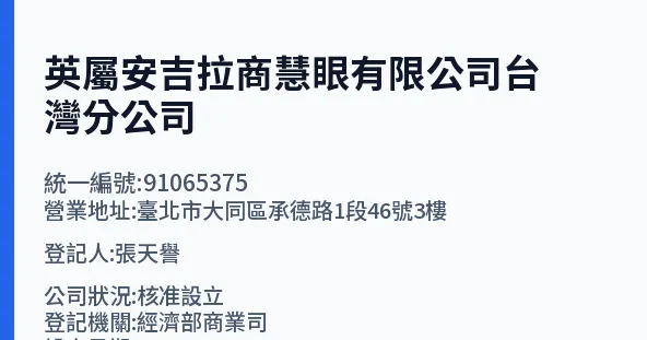 英屬安吉拉商慧眼有限公司台灣分公司的照片-統編 91065375(臺北市) 公司登記資料與營業項目詳細圖表